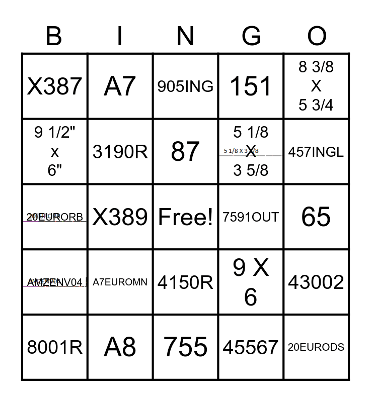 Envelope Chart Bingo Card