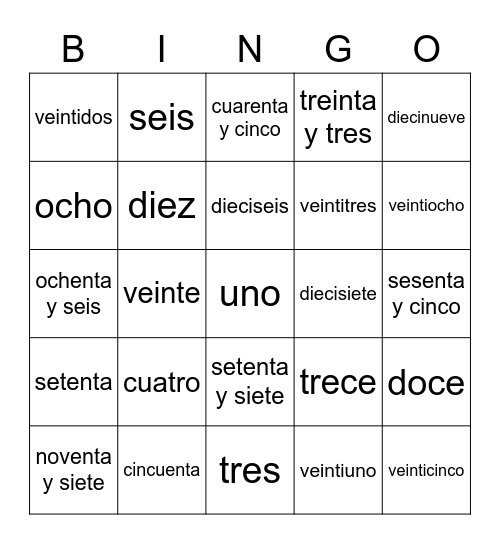 Números en Español! Bingo Card