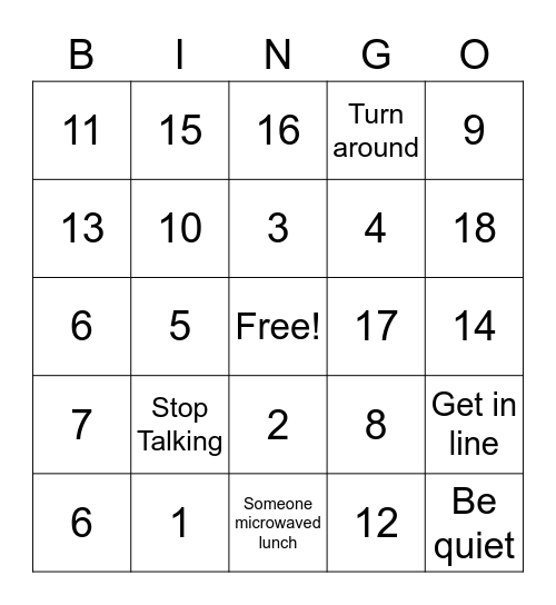 Lunch Bingo Card