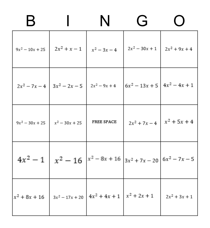 Multiplying Polynomials Bingo Card
