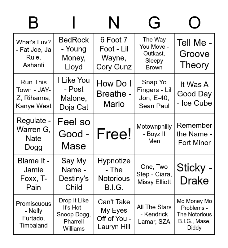 Rap & RnB Hits Bingo Card