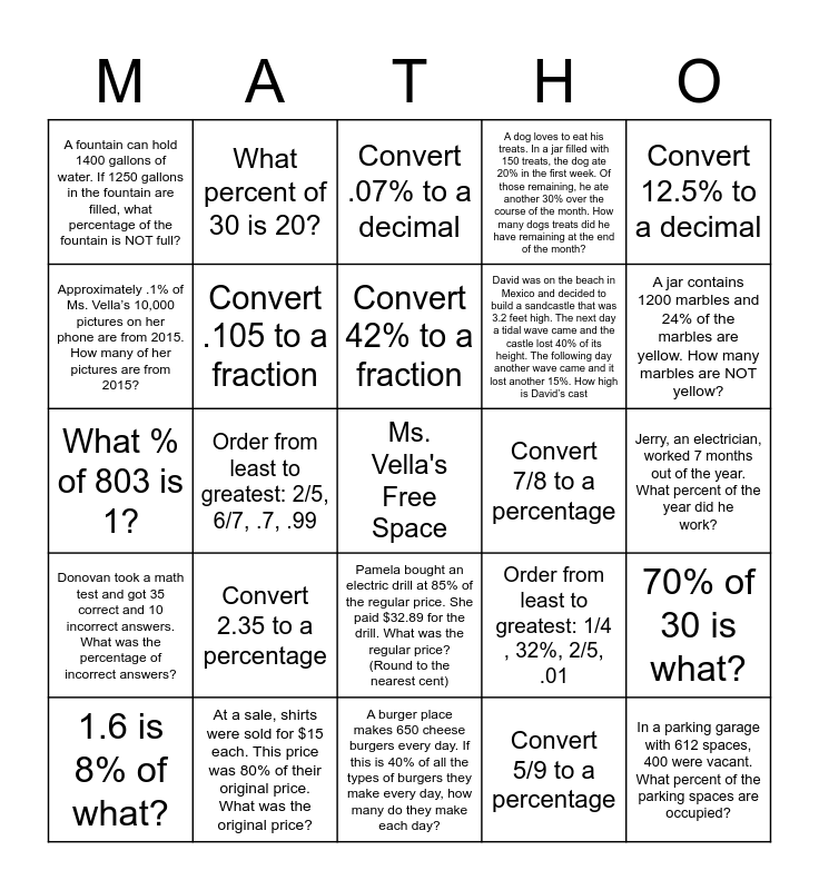 Percentages BINGO Card