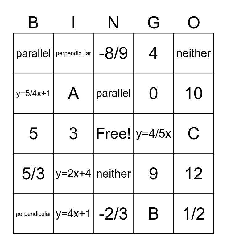 Parallel and Perpendicular Lines Bingo Card