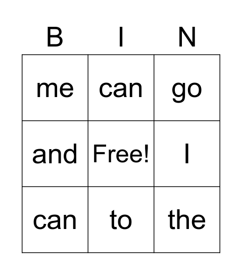 Sight Word Bing Bingo Card