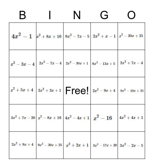 Multiplying Polynomials Bingo Card