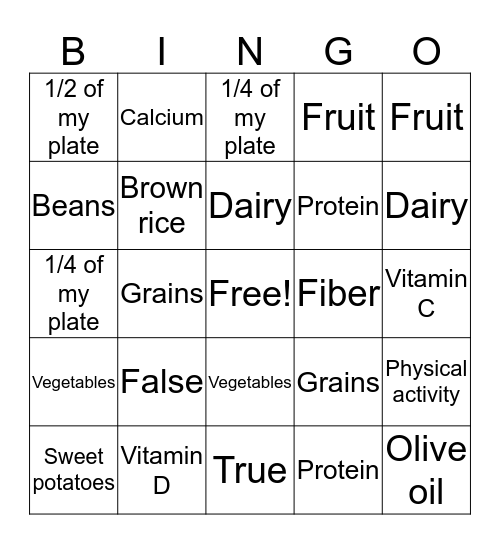 Nutrition Bingo Card