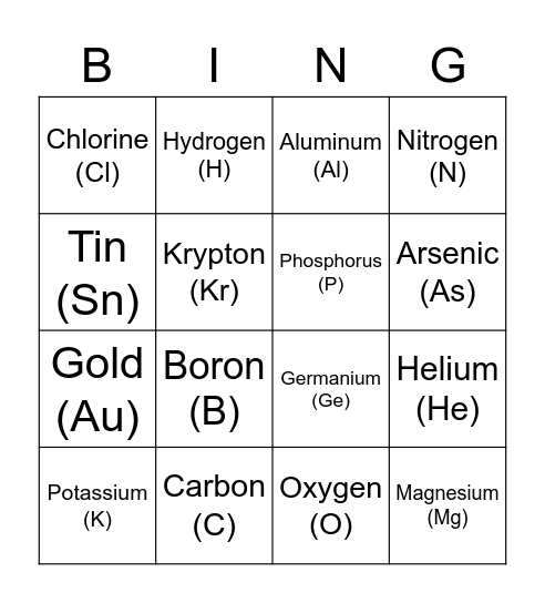 Element Challenge Bingo Card
