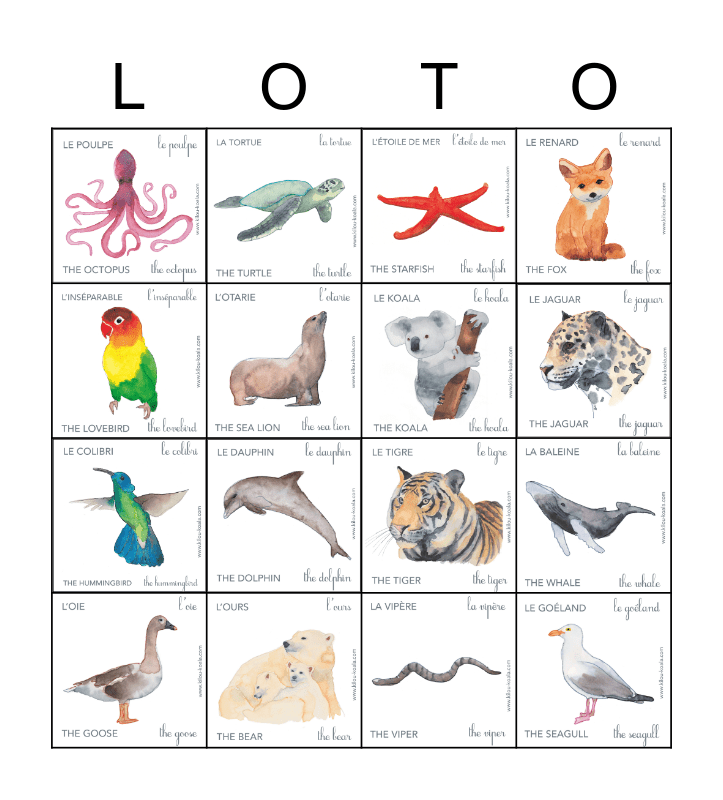 Les Animaux Bingo Card