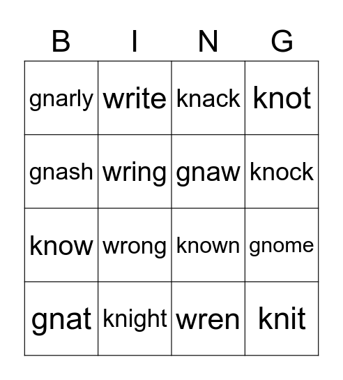 Silent Consonant- GN KN and WR Bingo Card