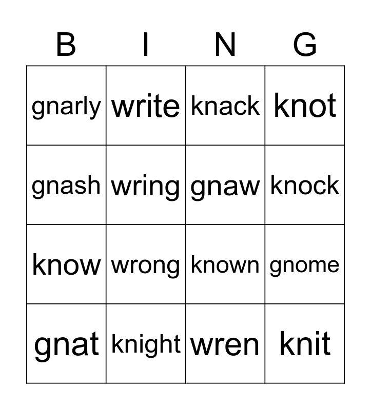 Silent Consonant- GN KN and WR Bingo Card