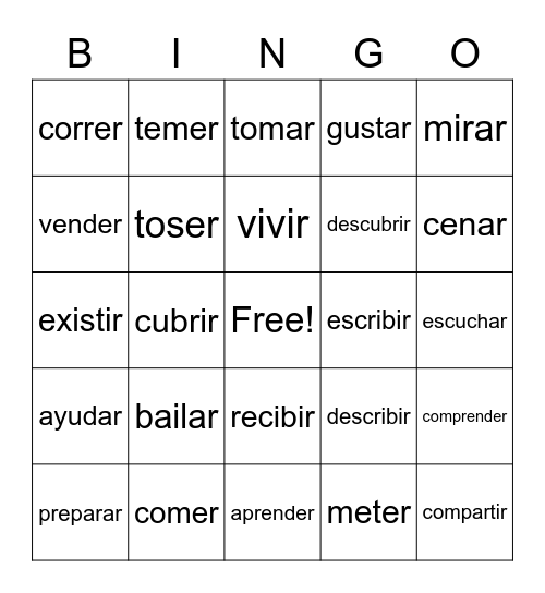 conjugaciones de verbos regulares Bingo Card