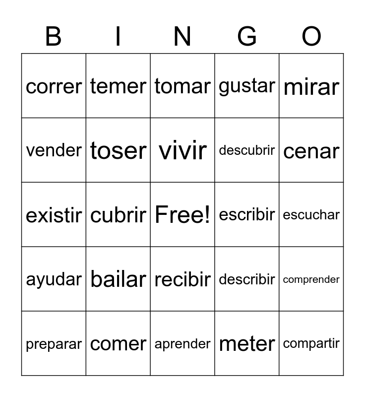 conjugaciones de verbos regulares Bingo Card