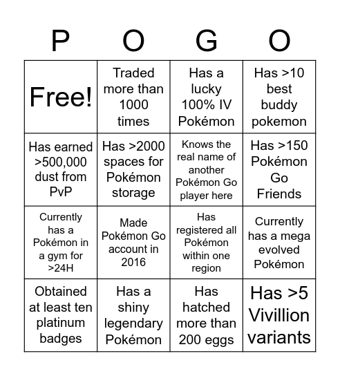 SFU Pokémon Go Bingo Card