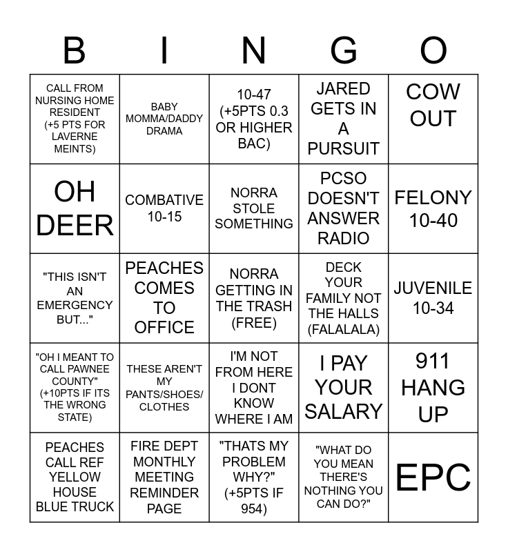 Dispatch/Jailers Challenge Bingo Card
