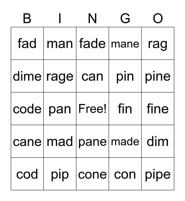 VCE Bingo Card