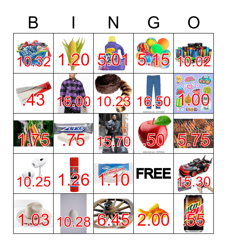 Bills and Coins Bingo Card