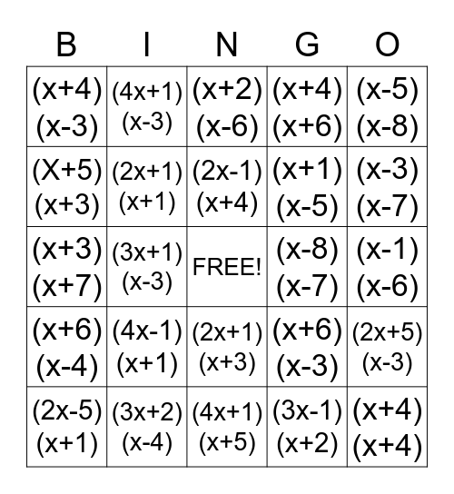 Multiply Binomials Bingo Card
