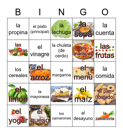 Comida - español 2 (text + images) Bingo Card