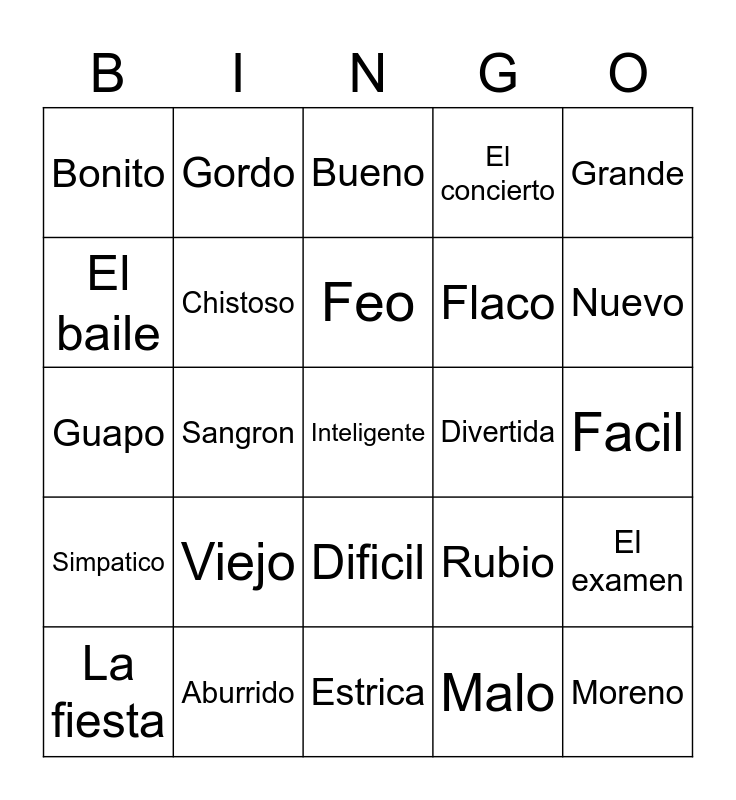 Los Adjetivos Bingo Card