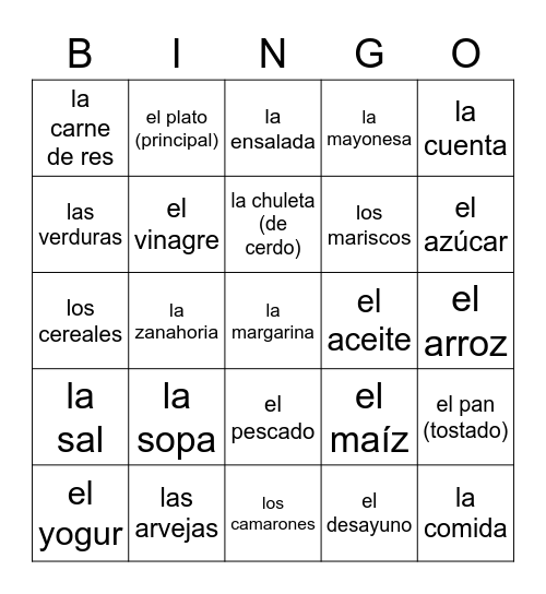 Comida - español 2 Bingo Card
