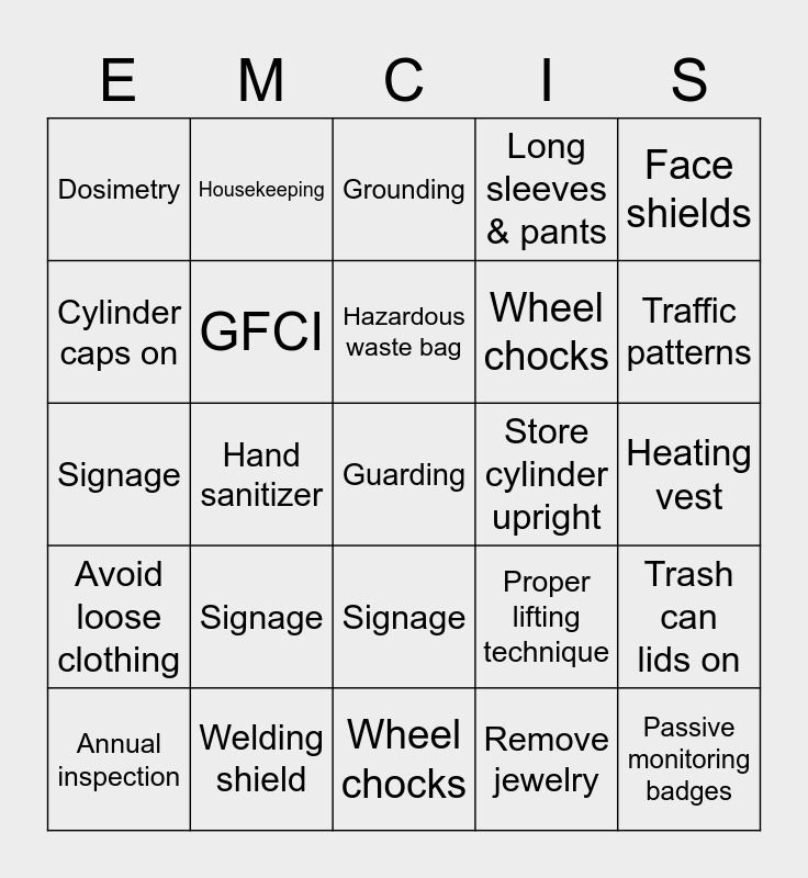 HAZARD CONTROL BINGO Card