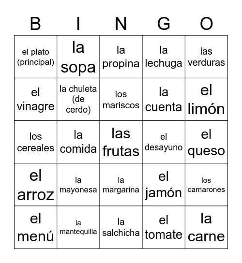 Comida - español 2 Bingo Card