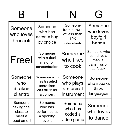 Class Intro Bingo Card