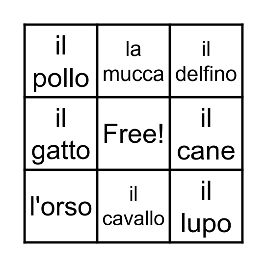 Gli Animali Bingo Card