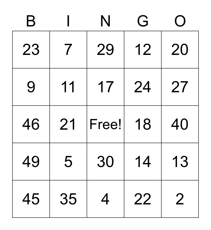 Number Identification Bingo Card