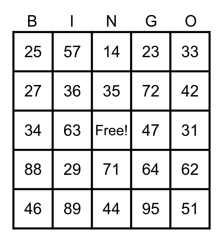 Dice Number Bingo Card