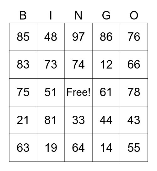 Dice Number Bingo Card