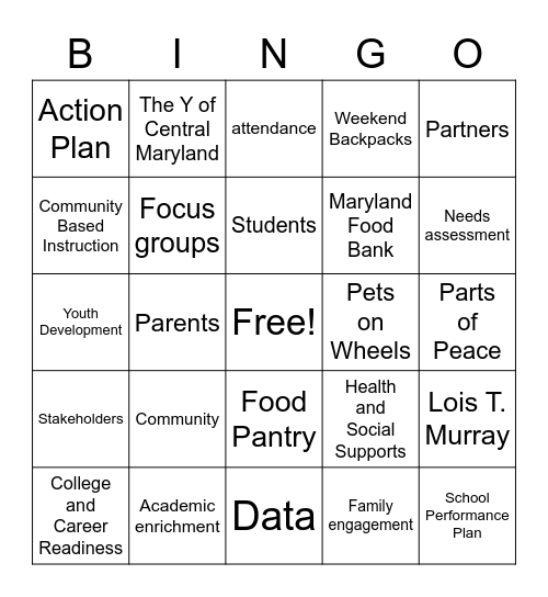 Community School Bingo Card