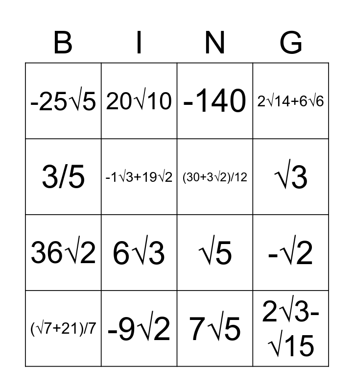Operations on Radicals Bingo Card