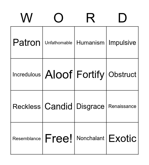 Word Bingo. Bingo Card