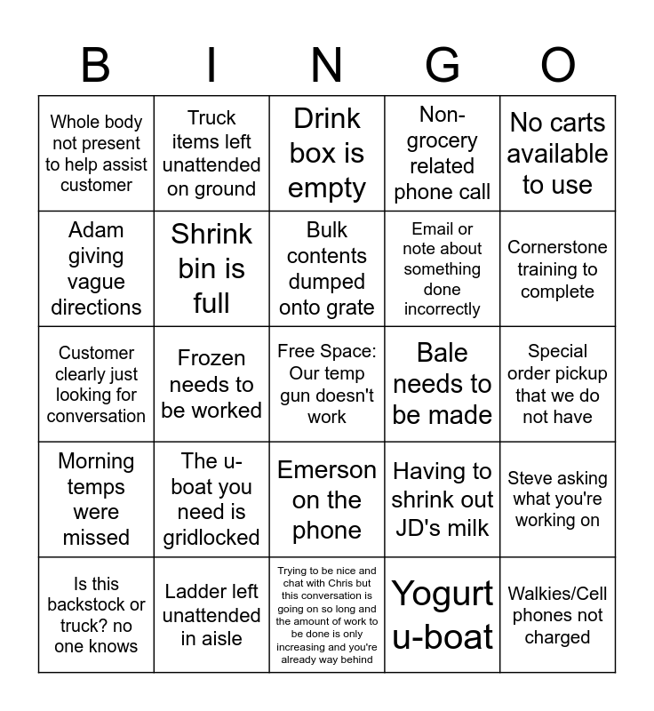 WFM Shift Bingo Card