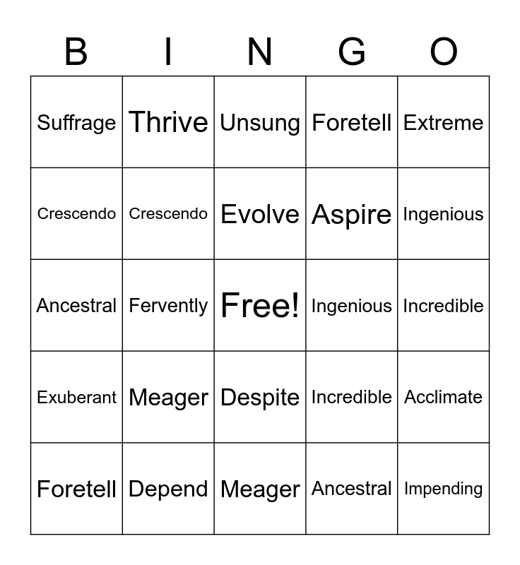 Unit 1 Word Wall Bingo Card