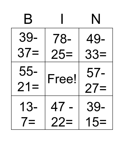 2 Digit Subtraction w/o Regrouping Bingo Card