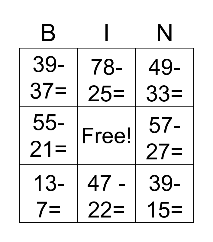 2 Digit Subtraction w/o Regrouping Bingo Card