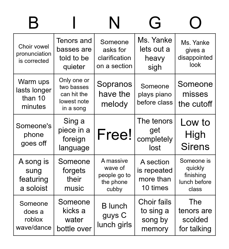 BHS Choir Bingo Card