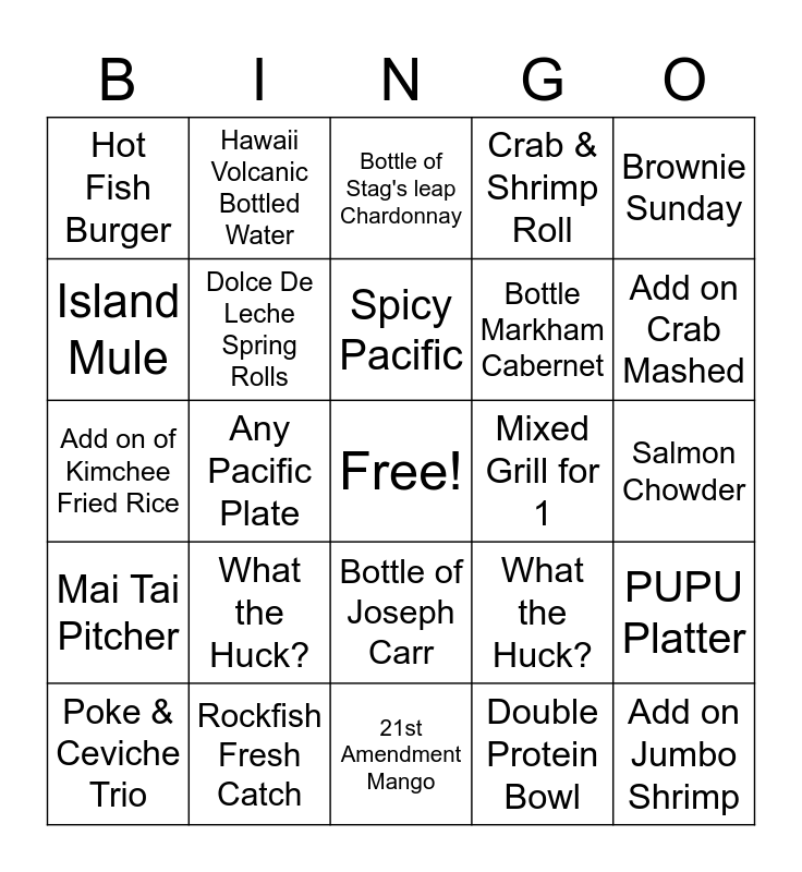 Pacific Catch Bingo Card