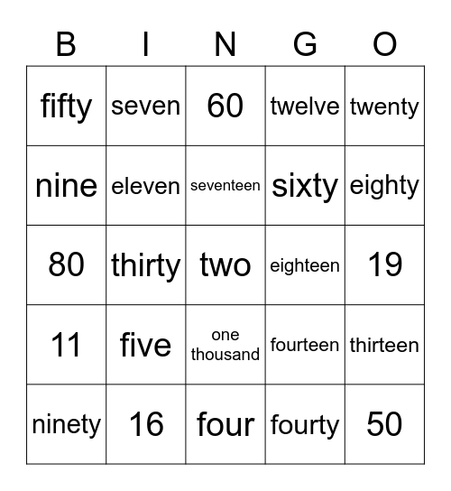 Number words Bingo Card