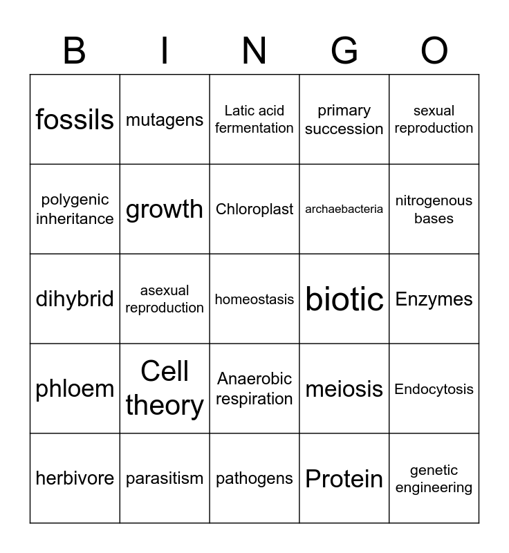 Biology EOC Review Bingo Card