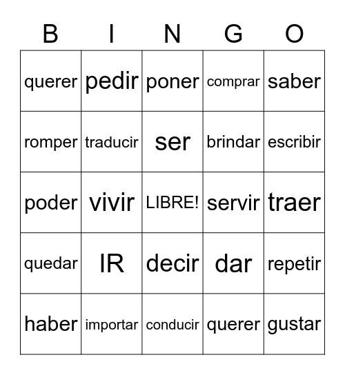 Spanish Verbs (Preterite- Simple Past) Bingo Card