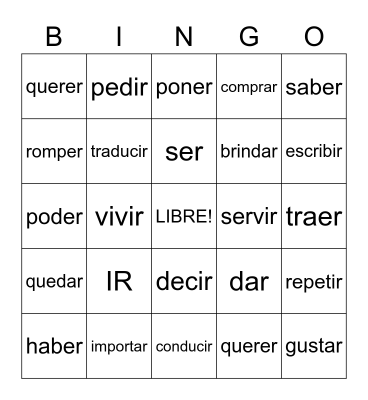 Spanish Verbs (Preterite- Simple Past) Bingo Card