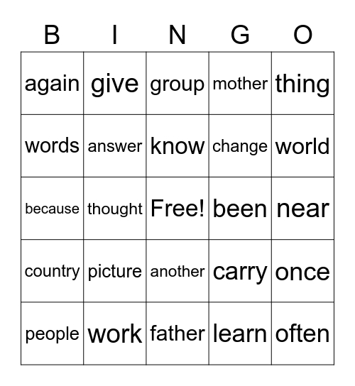 3rd grade Sight Words Bingo Card