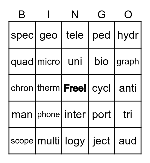 Latin and Greek Root Words Bingo Card