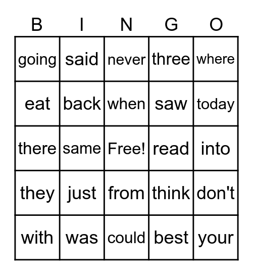 SNAP Word Bingo Card