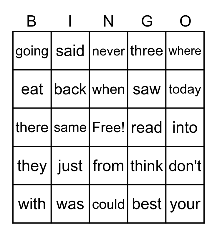 SNAP Word Bingo Card