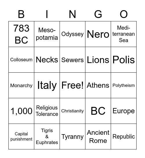 Ancient Rome and more With Fox Bingo Card