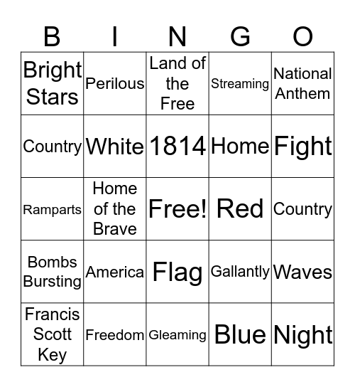 Star Spangled Banner Bingo Card